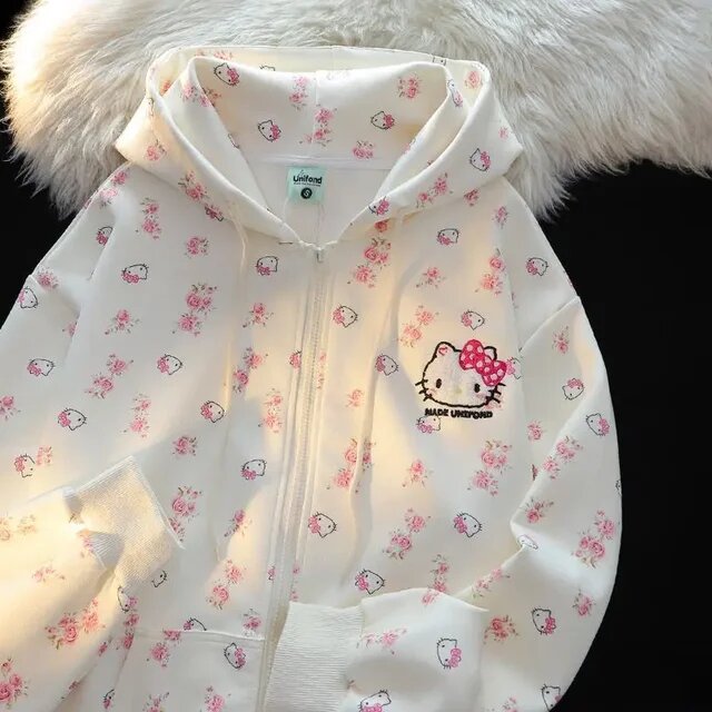 Sanrio Hello Kitty, 100% плотный хлопок, весна-осень 2024, новый свободный кардиган с цветочным принтом и капюшоном, тонкий свитер, женская куртка, Размер: S