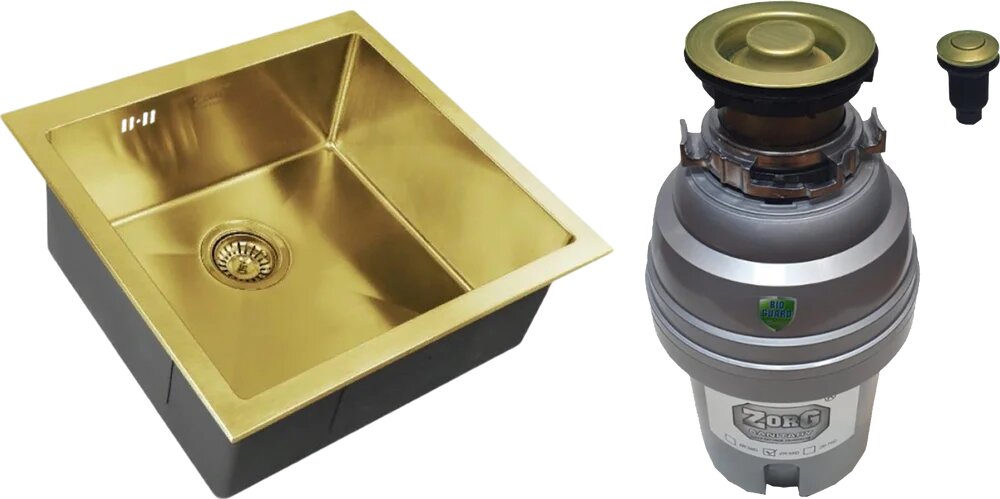 Комплект Мойка Zorg Inox PVD SZR-44 Bronze 44x44, bronze, нержавеющая сталь / Измельчитель ZR-75 D BRONZE электрический, нержавеющая сталь