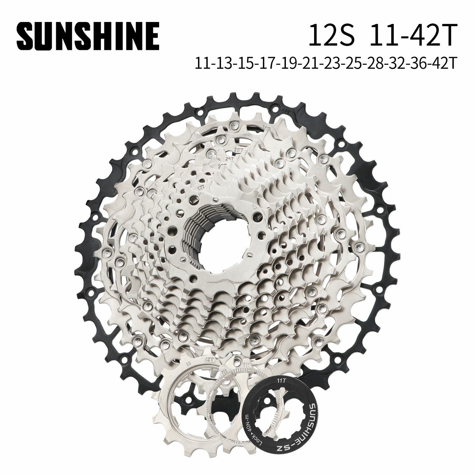 Кассета для велосипеда SUNSHINE 11-42T, 12 скоростей Велосипед Маховик с картой HG, (Чёрный+Серебро), 444 г.