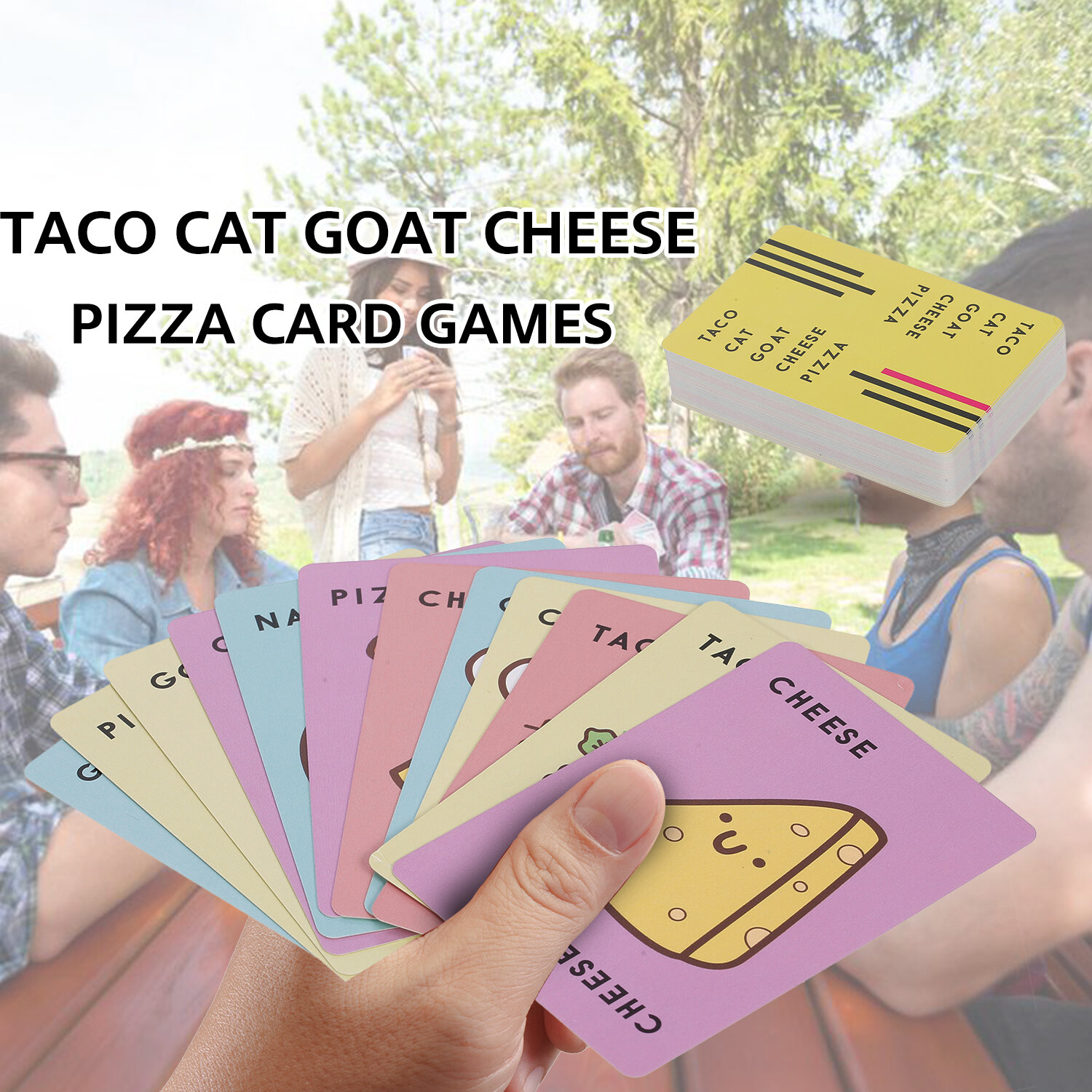 Карточная игра Taco Cat Goat Cheese Pizza, 3-8 игроков, время игры около 10 минут, размер карт 89*64 мм, материал бумага, возраст 8+, 64 карт ролей, 2 карты с инструкцией, размер упаковки 9*6.5*2.3 см, вес упаковки 117 г