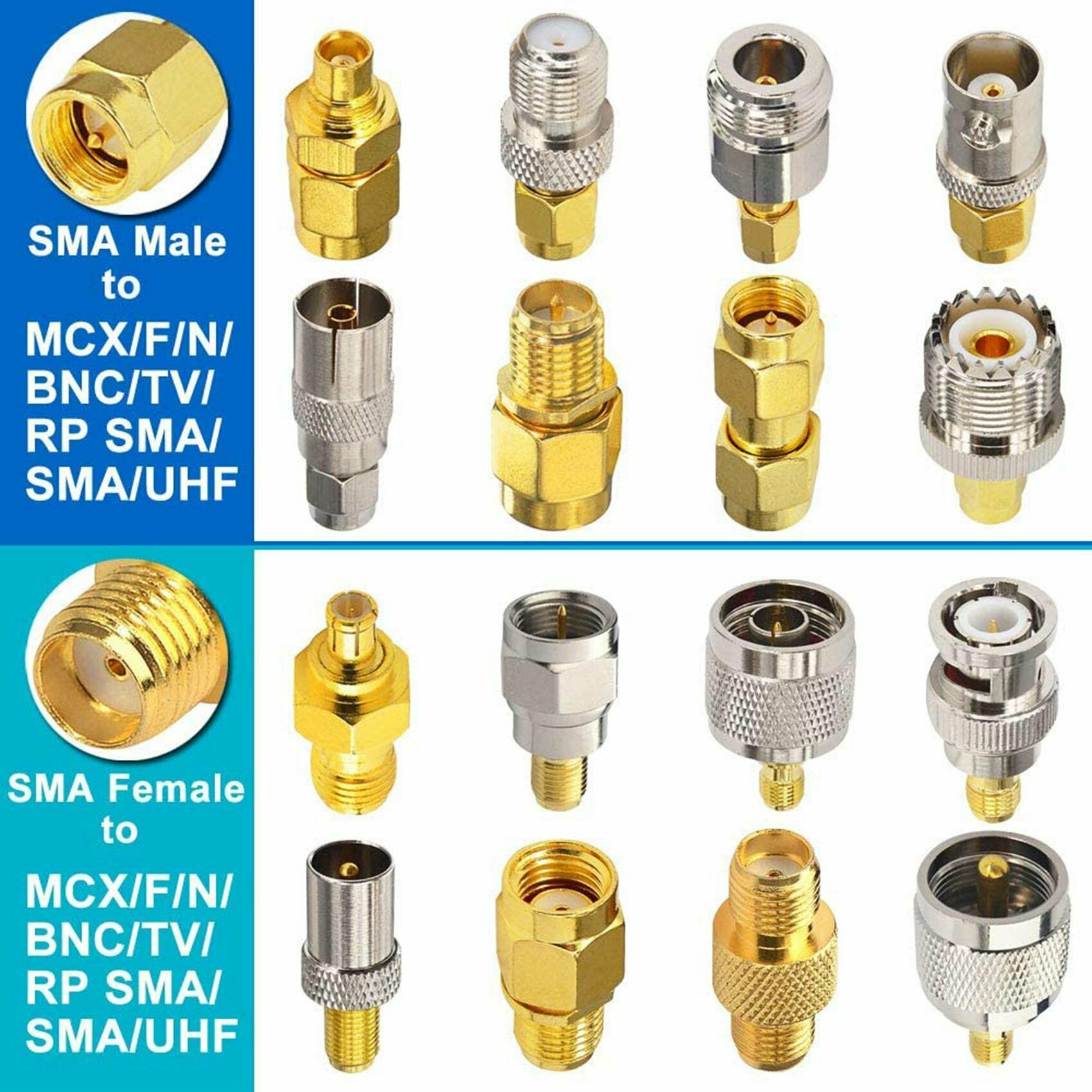 (T I N M) 16 разъемов типа SMA Комплекты переходников к MCX / TV F BNC UHF RP-SMA Тестовый разъем прямого с никелевым золотым покрытием