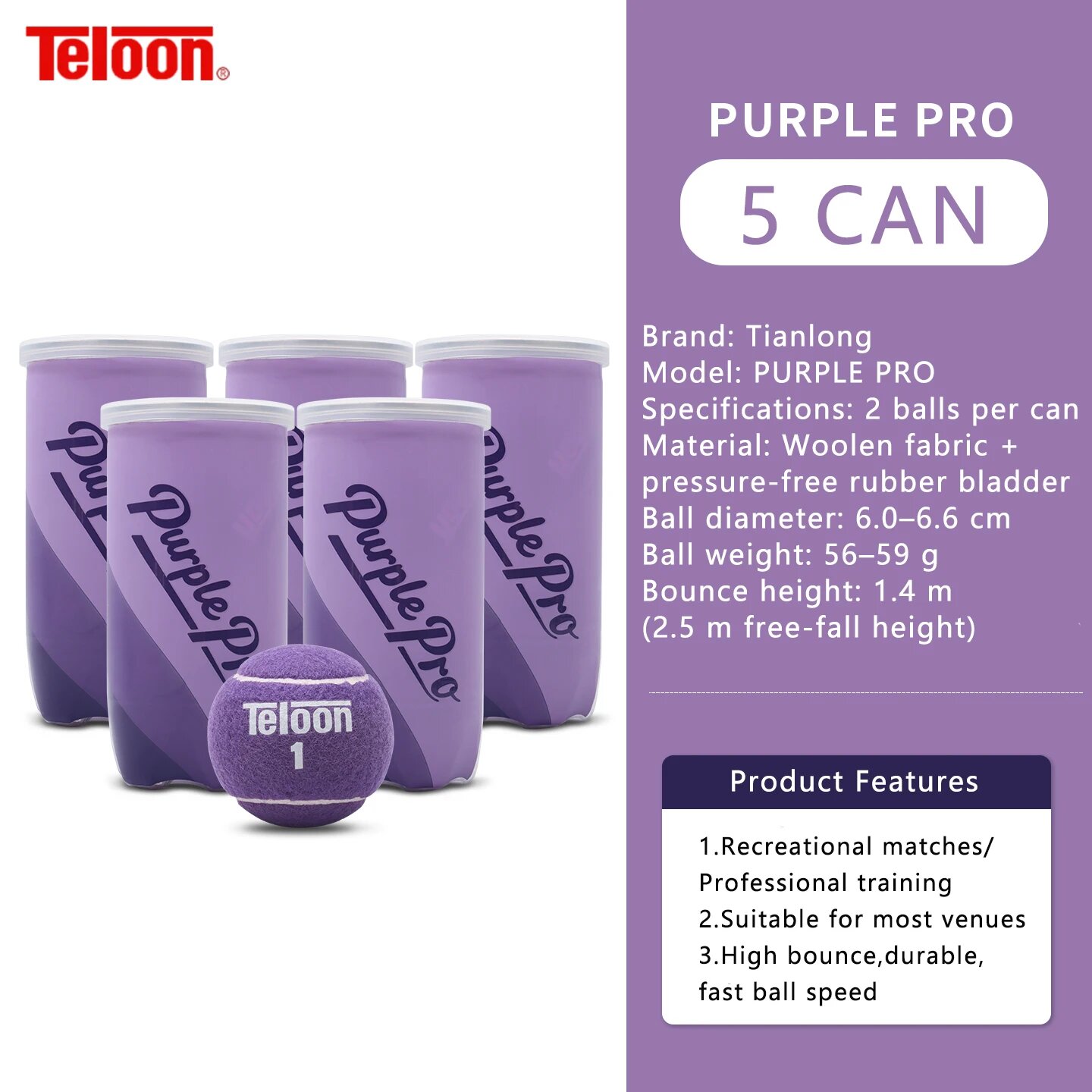 Теннисные мячи Teloon для тренировок розовые/фиолетовые Фиолетовый, Purple - 5 Cans