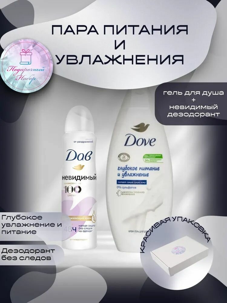 Подарочный набор женский Dove - Гель для душа Питание и увлажнение 250 мл + Дезодорант Невидимый