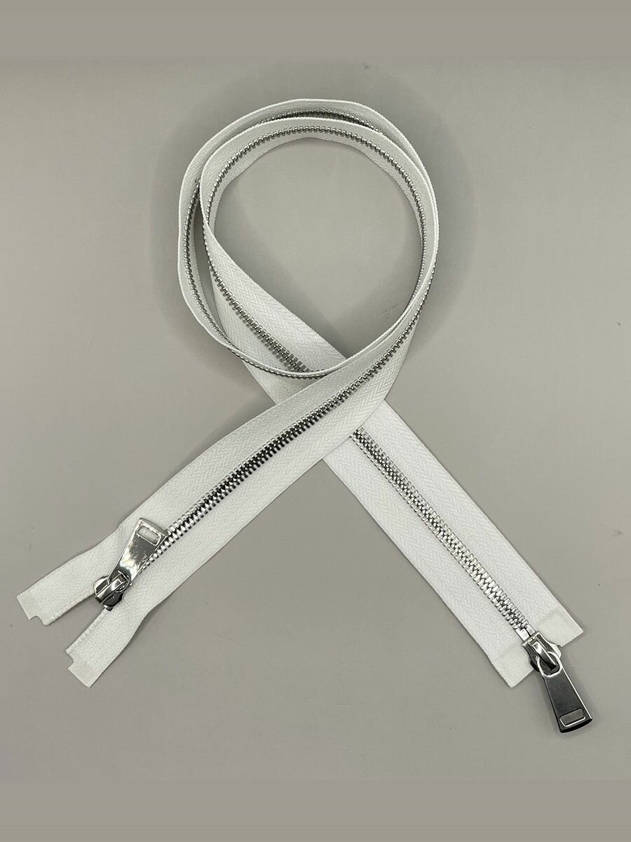 Молния металл,80см, тип 5, белый, зубья серебро,2 замка. Италия.1шт.