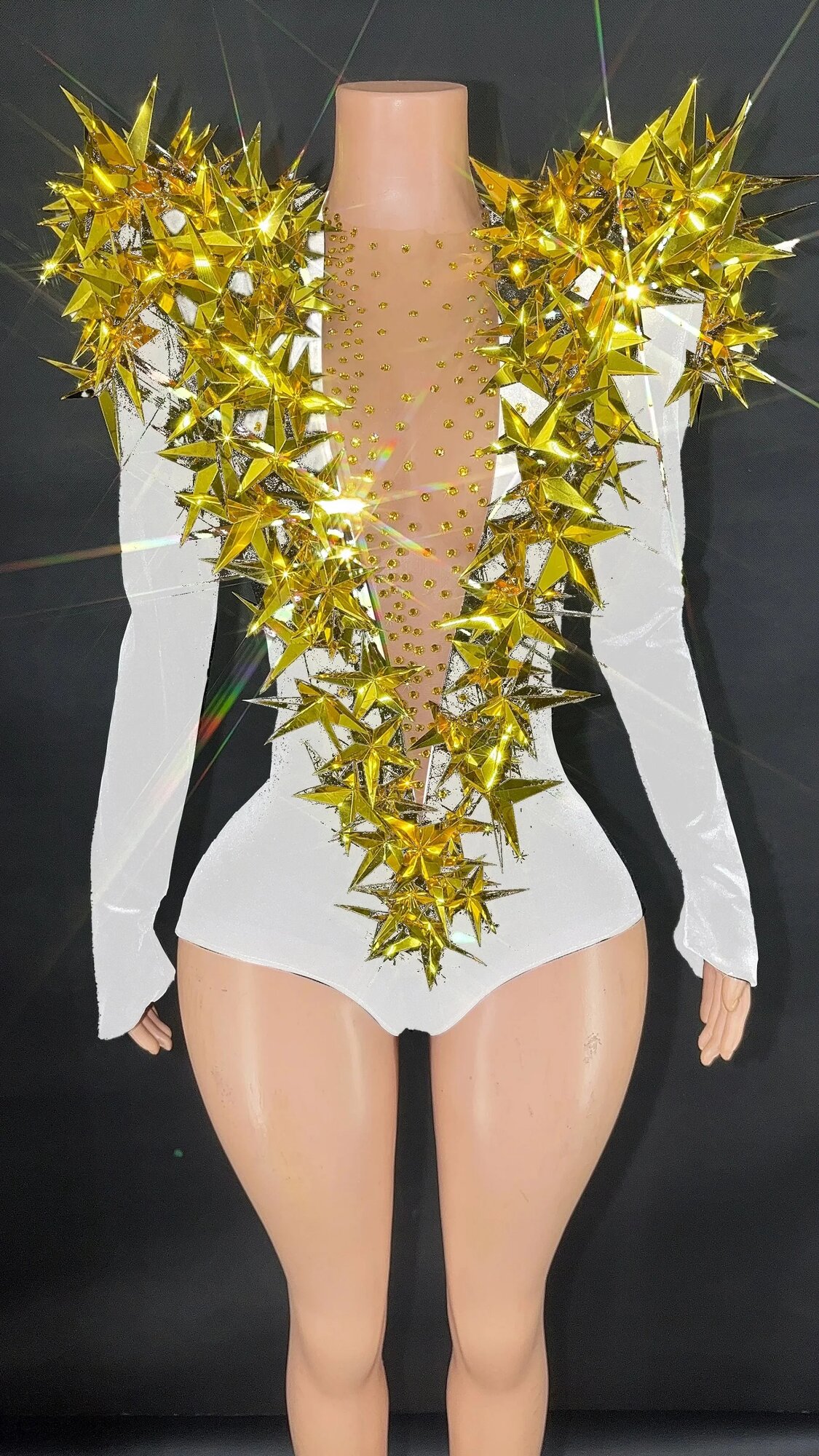 Новинка 2025 года, блестящее черное бархатное боди со стразами и длинными рукавами, XL, белый