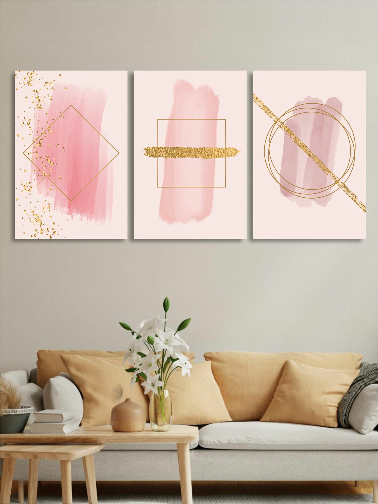 Модульная картина для интерьера на стену абстракция. Золотые геометрические фигуры 50х75 см - 3 штуки на холсте на подрамнике