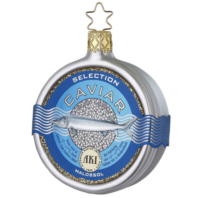 Стеклянная елочная игрушка Баночка Черной Икры - Sacrofano 8 см, голубая, Inge Glas, 10127S025