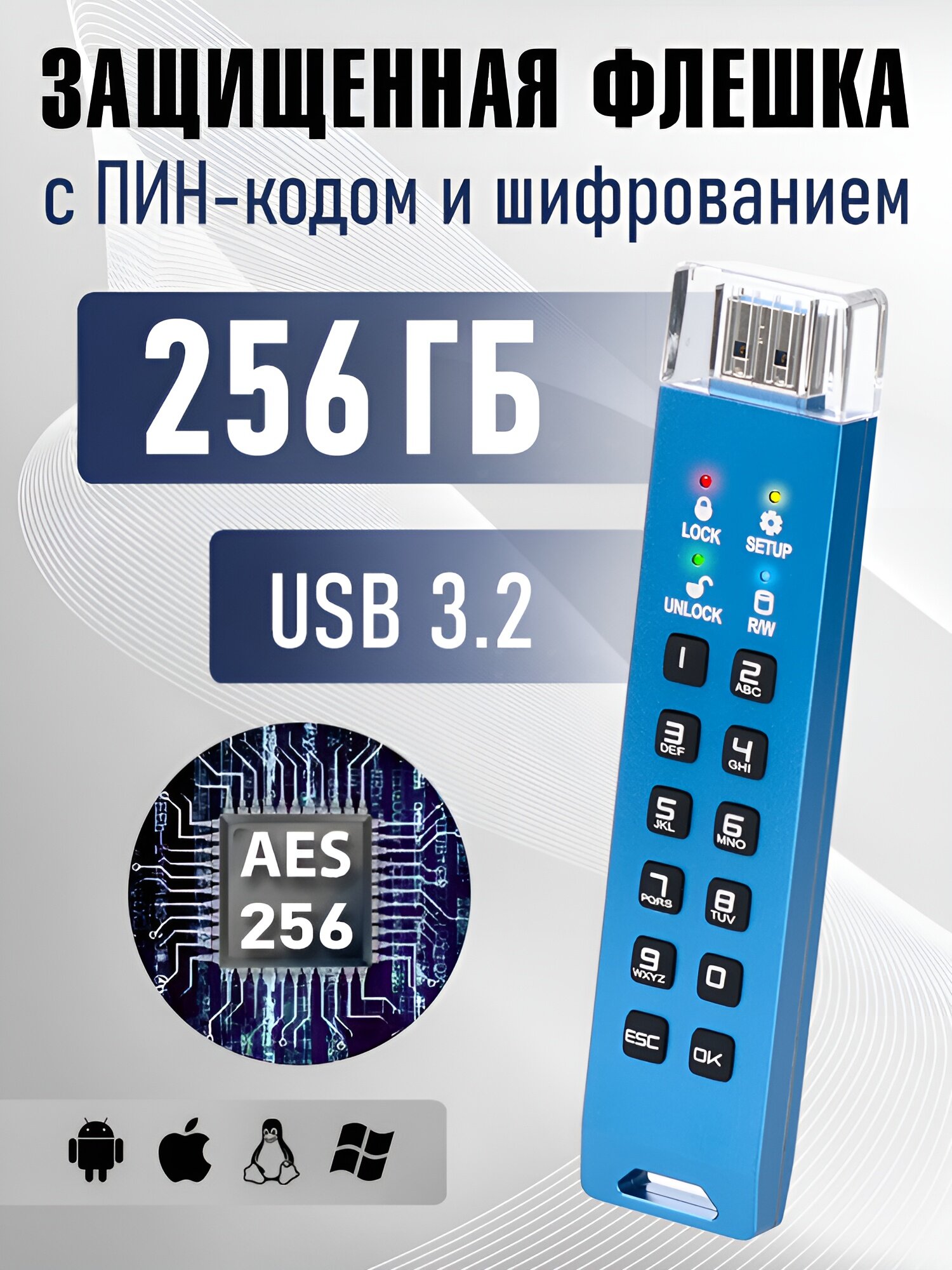 Флешка с пин-кодом и аппаратным шифрованием DataLock PRO4 Blue 256Gb