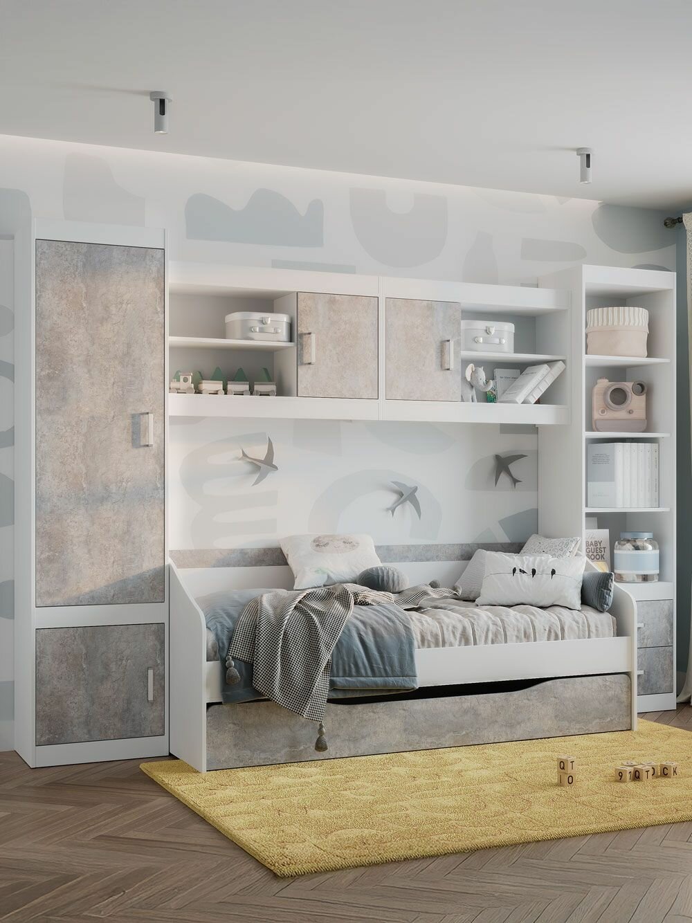 Детская комплект Паскаль Дуо с кроватью, со стеллажом, со столом, со шкафом, 299.6х85х210 см, Белый / Цемент светлый