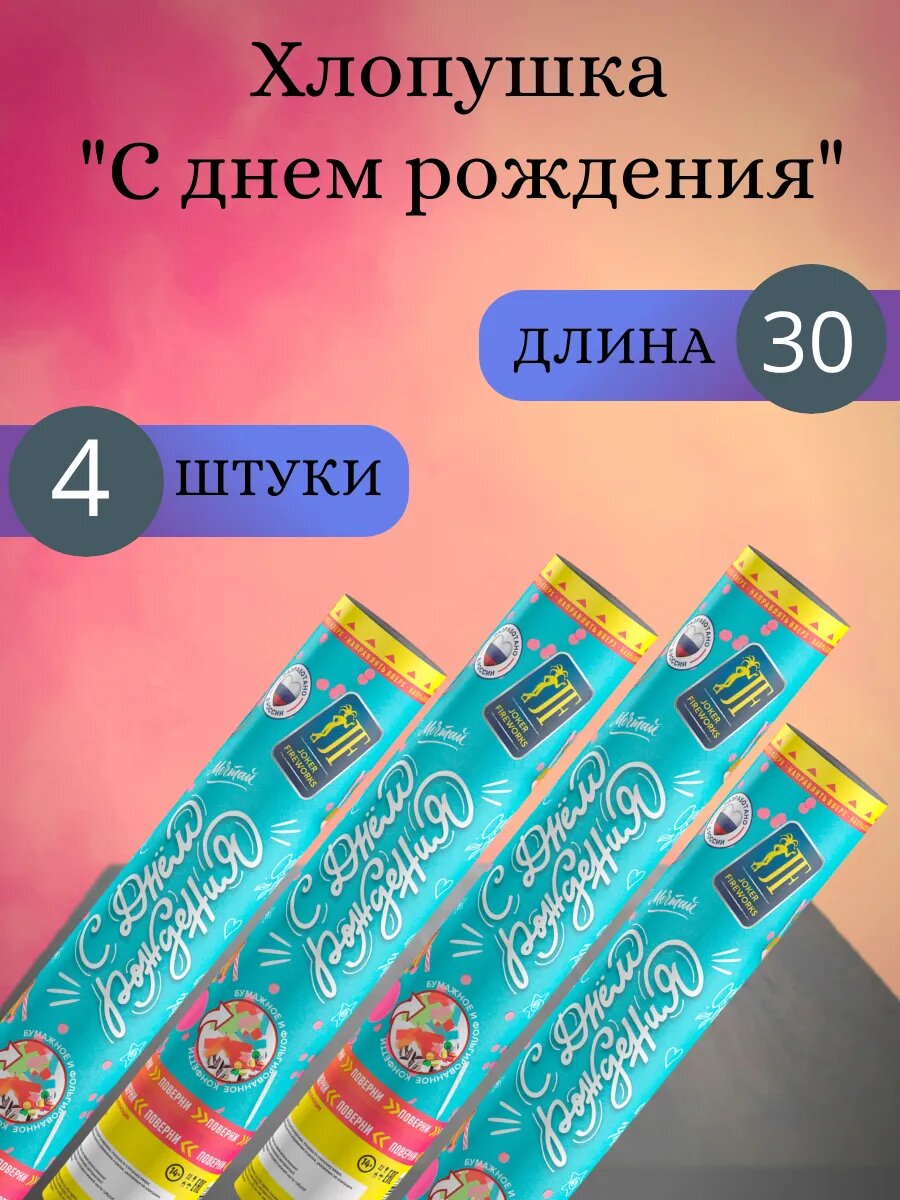Хлопушка "С днем рождения" 4 штуки, Joker Fireworks, для праздника