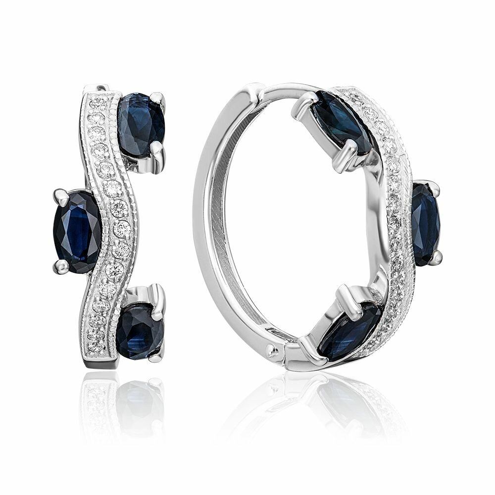 Серьги, белое золото, 585 проба, родирование, бриллиант, сапфир