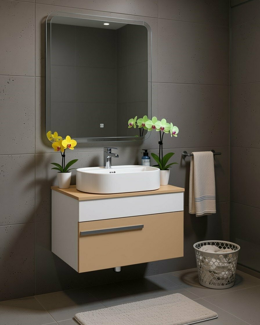 Мебель для ванной Вудлайн 65, белый-кремовый, раковина Нова, зеркало Руан 60х80