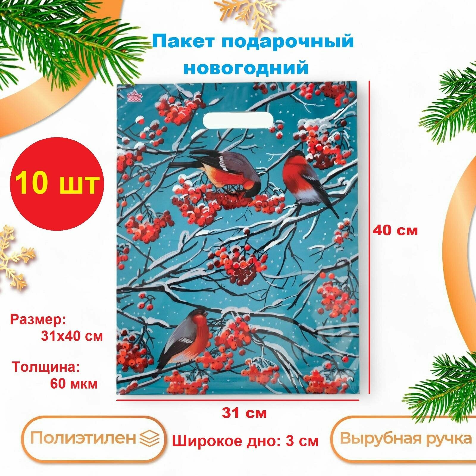 Набор пакетов 10 штук подарочных новогодних плотных 31х40