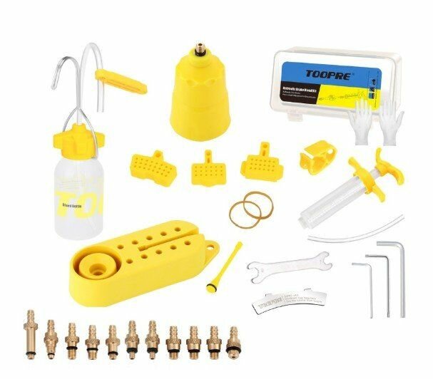 Набор TOOPRE для прокачки гидравлических тормозов, комплектация: латунные соединители M4/M5/M6/M7/Magura MT/Sram Guide, блоки для 2-х / 4-х поршней и Road