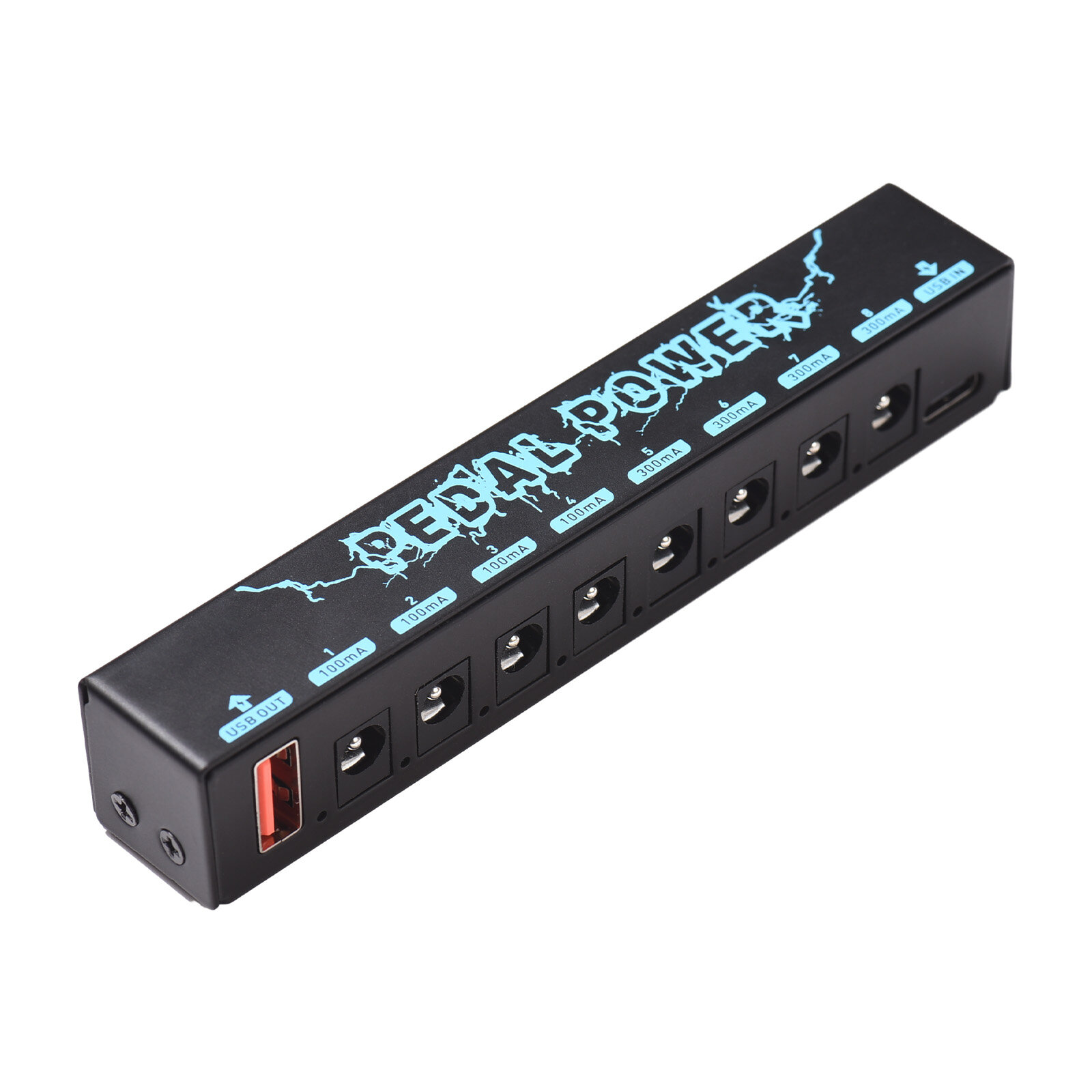 Блок питания для гитарных педалей Guitar Pedal Power 8 изолированных DC выходов USB IN 5V 2.1A 8 DC OUT 9V 1 USB OUT металл корпус размер 117*21*20mm вес 83g в комплект входят 1 Pedal Power 1 Type-C Cable 8 DC Cord 1 Manual (English)