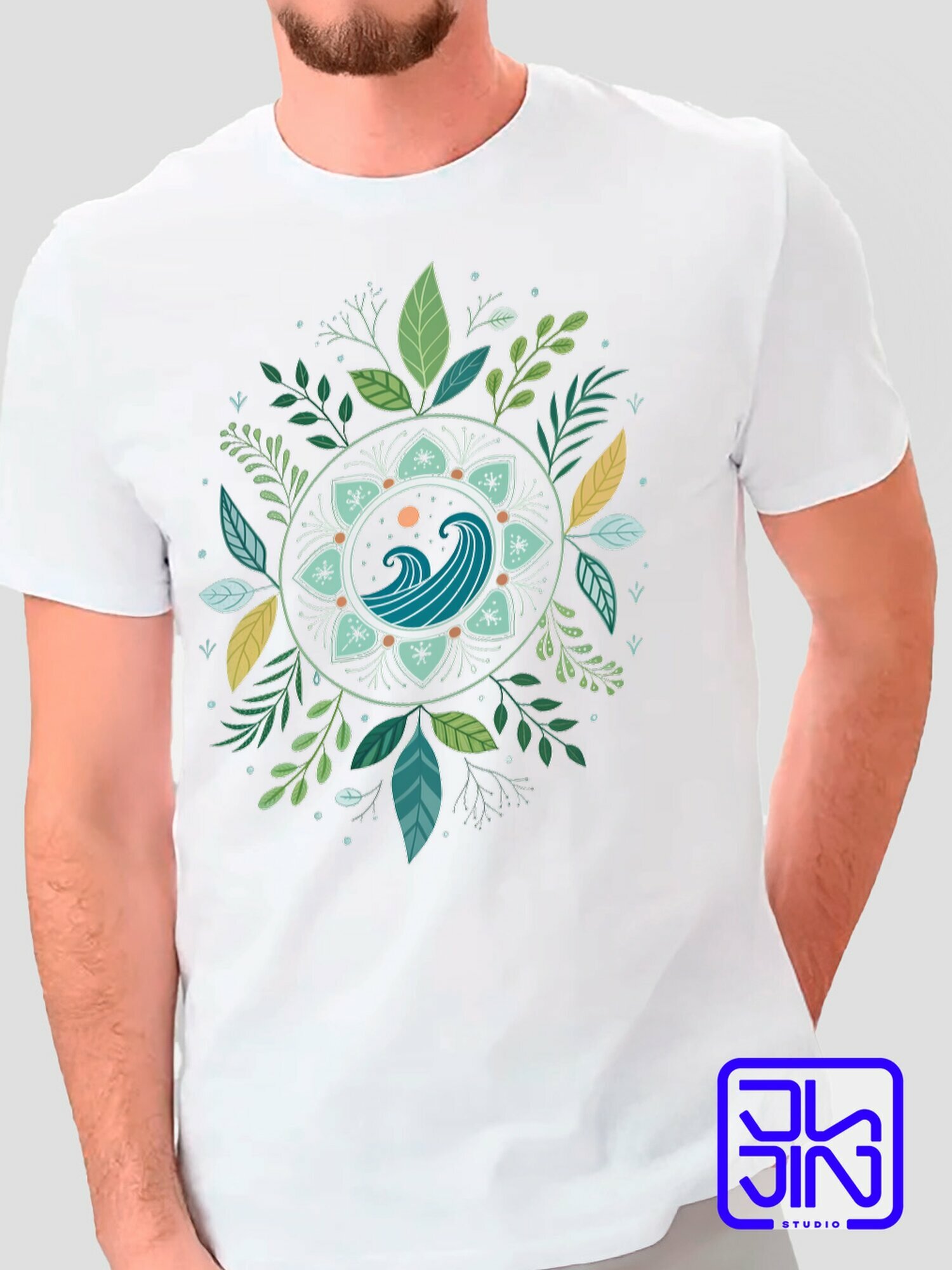 Футболка классическая мужская с авторским принтом Абстрактная геометрическая мандала с волной и бирюзово-зелеными листьями, белый хлопковый трикотаж с прикольным рисунком на груди