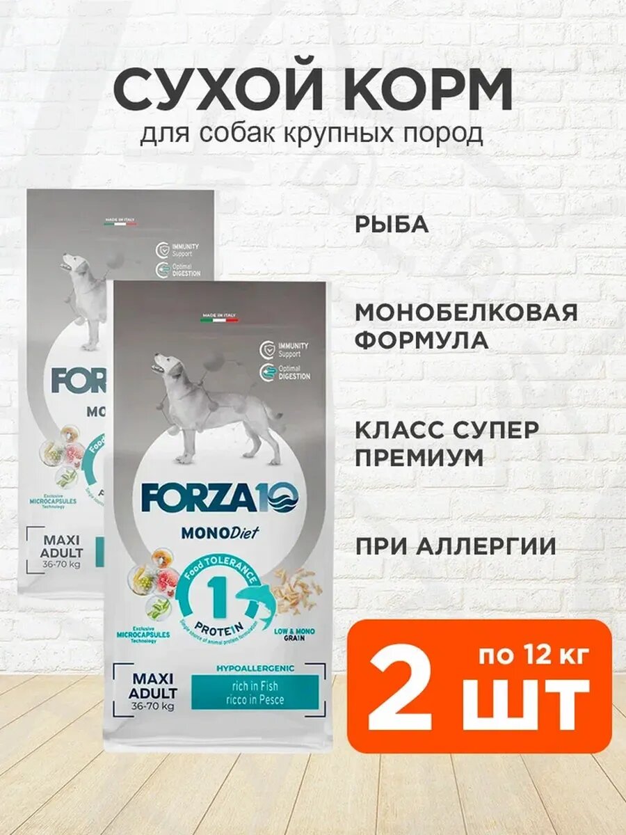 Корм сухой Forza10 Dog Maxi Monodiet Low Grain для взрослых собак крупных пород при аллергии с рыбой, 12 кг х 2 шт