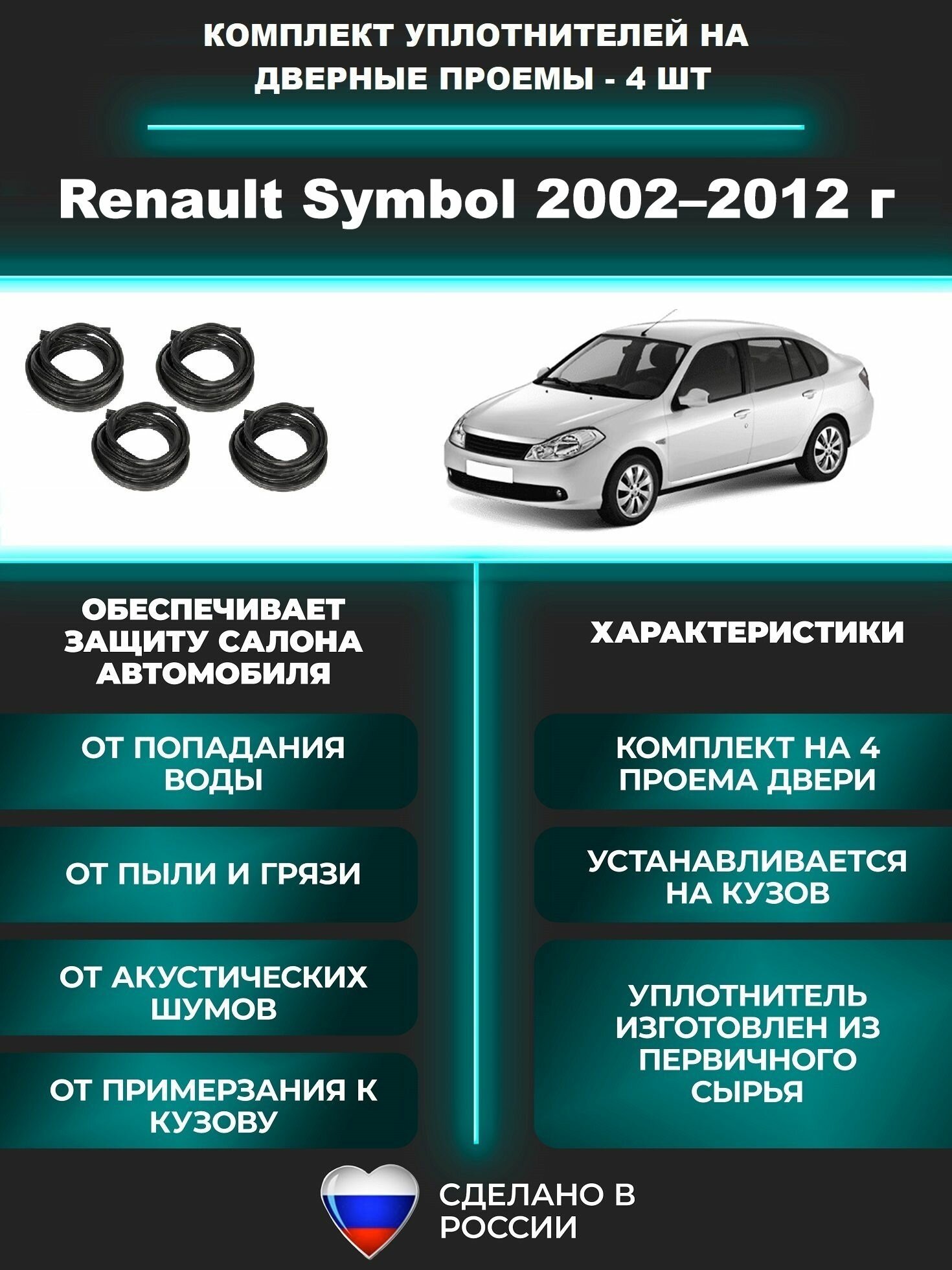 Комплект уплотнителей на проем дверей для Renault Symbol 2002-2012 г/ резинка для Рено Симбол / Символ 4 штуки