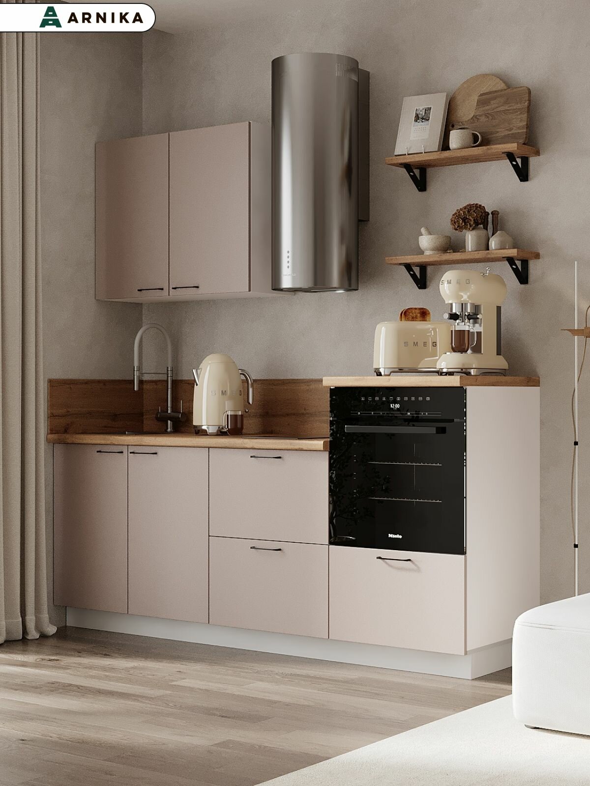 ARNIKA Кухонный гарнитур со столешницей "Дакия" 2,1м х 2,4м, цвет магнолия (бежевый), фасад пленка ПВХ