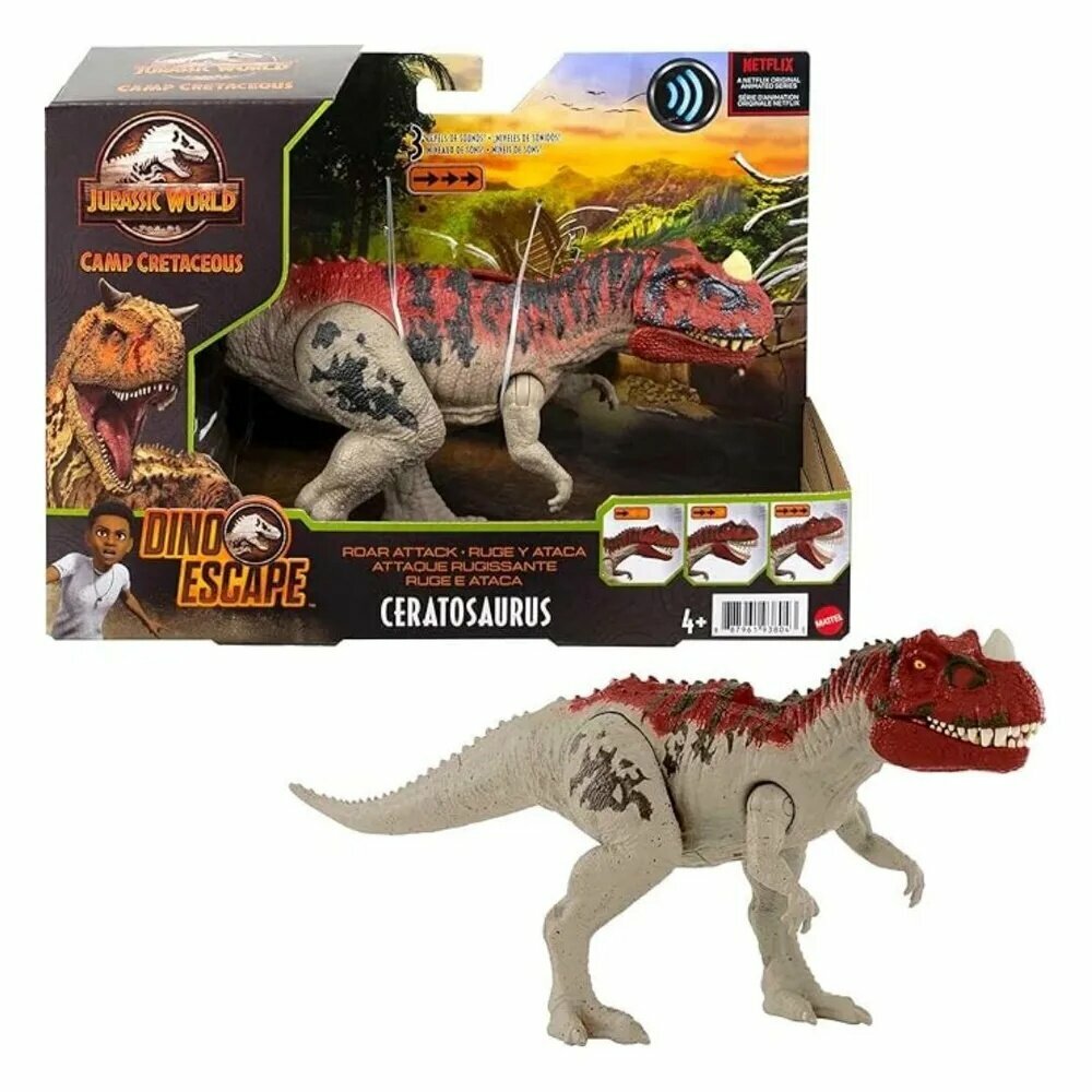 Mattel Jurassic World Camp Меловая атака с ревом динозавра Цератозавра Фигурка игрушки с функцией удара и звуками GWD07