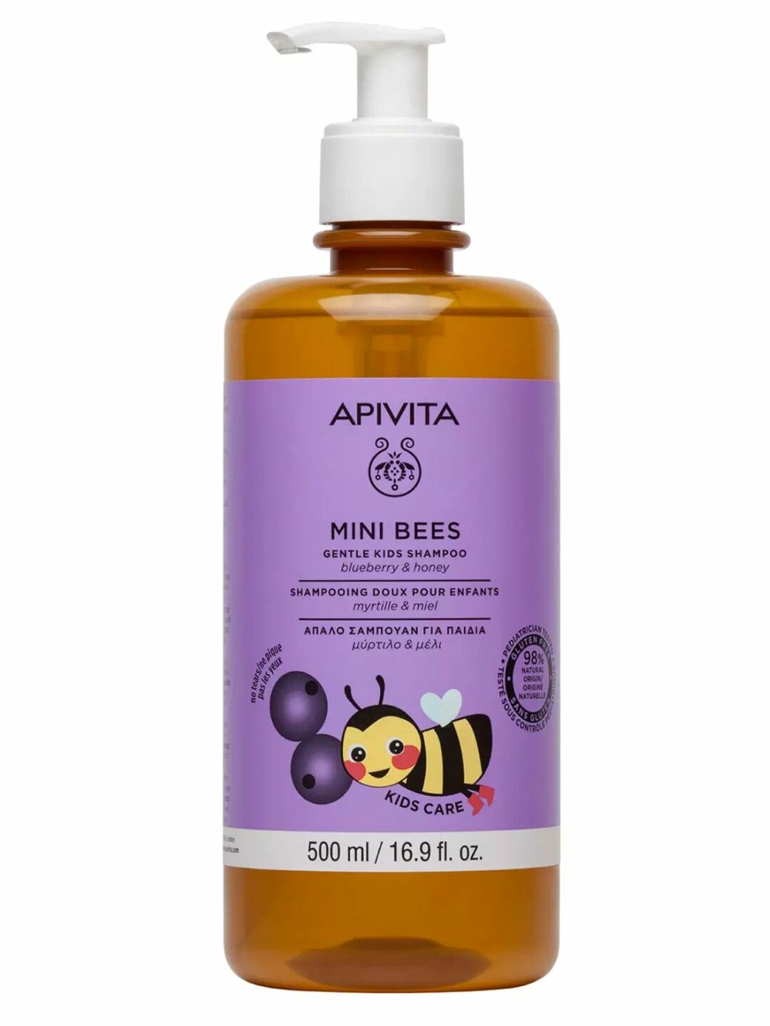 Апивита Маленькие пчёлки Детский нежный шампунь с Черникой и Мёдом, 500 мл | APIVITA Mini Bees