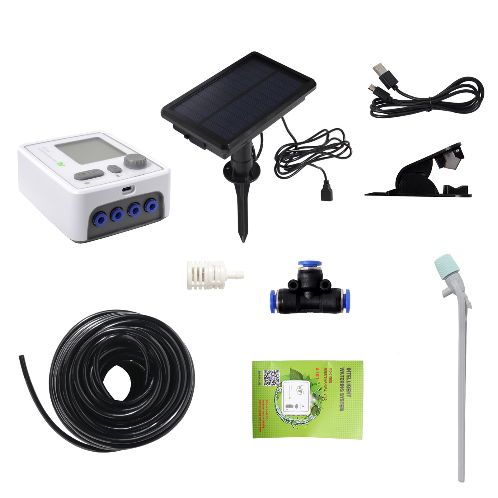 Двухканальный автоматический таймер полива с большим экраном LCD, 3 программы на канал, детский замок, вход со швидким соединением 6 мм, мотор из чистого меди и солнечная панель, 15м водопровод, 2 фильтра, 1 зажим для труб, 20 быстрых разъемов-tees, 1