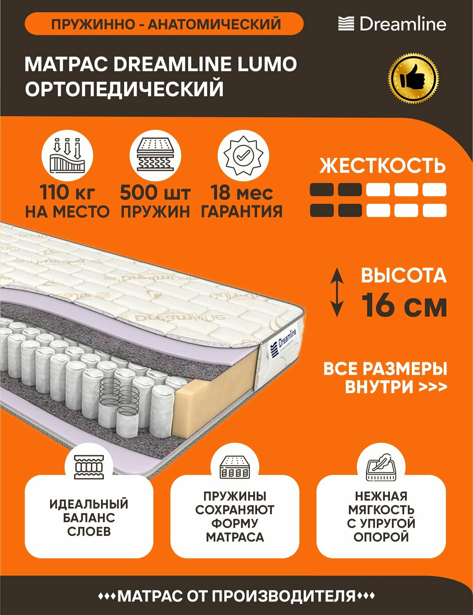 Матрас Dreamline Lumo 155х200 высота 16 см анатомический средней жесткости Независимые пружины
