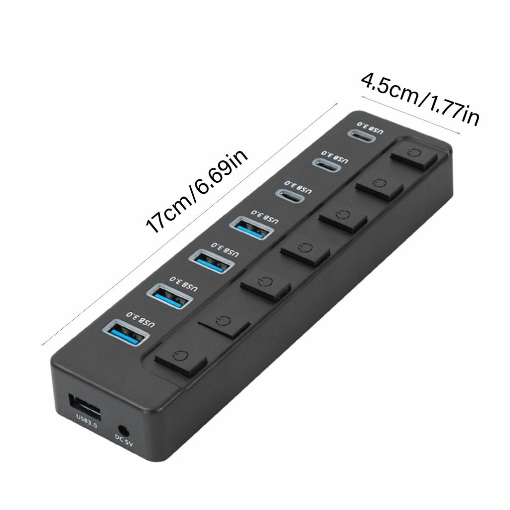 USB C адаптер с 7 портами и многопортовым разветвителем, высокая скорость передачи 5 Гбит/с с индивидуальными выключателями для настольных ПК и ноутбуков