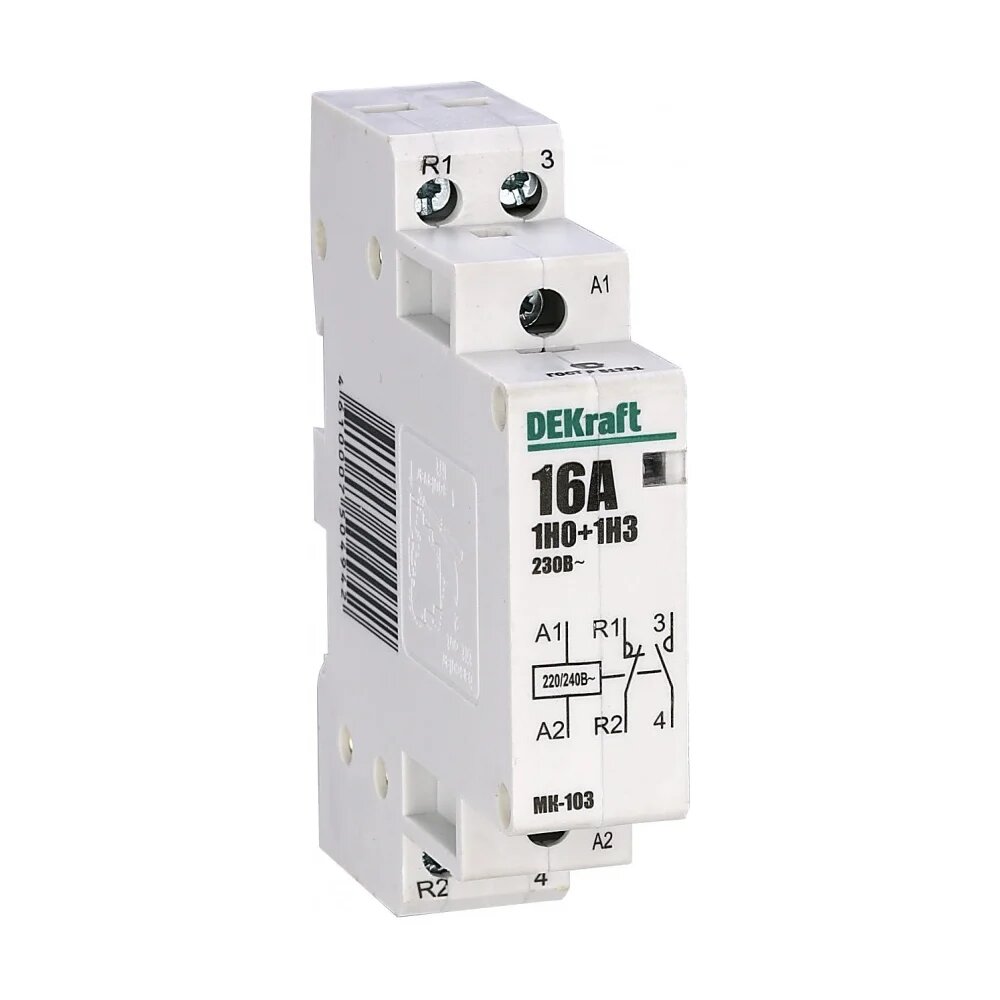 Модульный контактор DEKraft МК-103 1НО+1НЗ, 16 А, 230 В, для дистанционного управления небольшими нагрузками