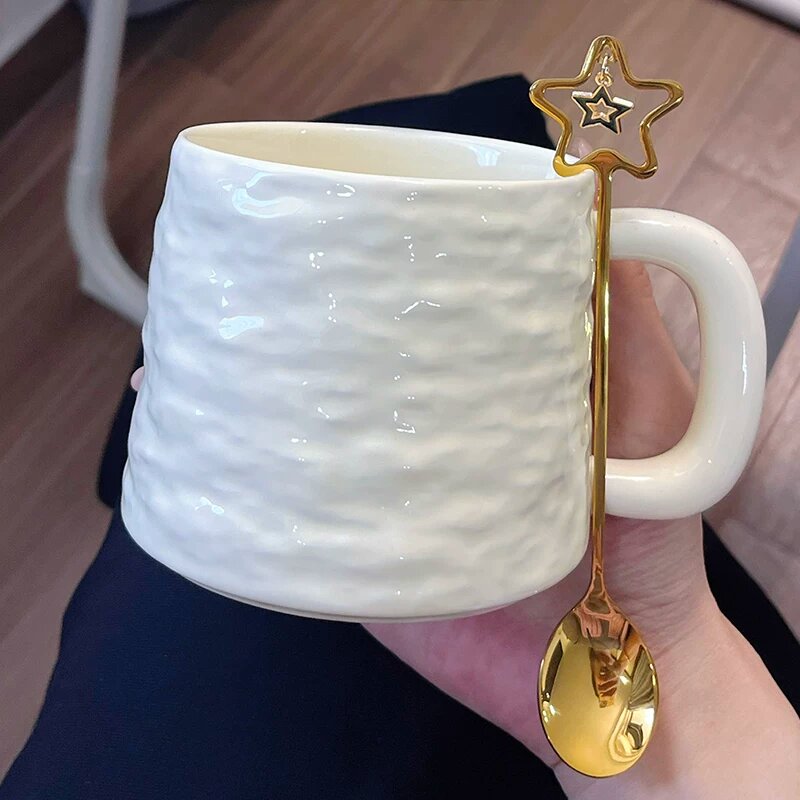 Кружка с крышкой и ложкой, высококачественная чашка, кофейная чашка с каменным узором, керамический подарок на день