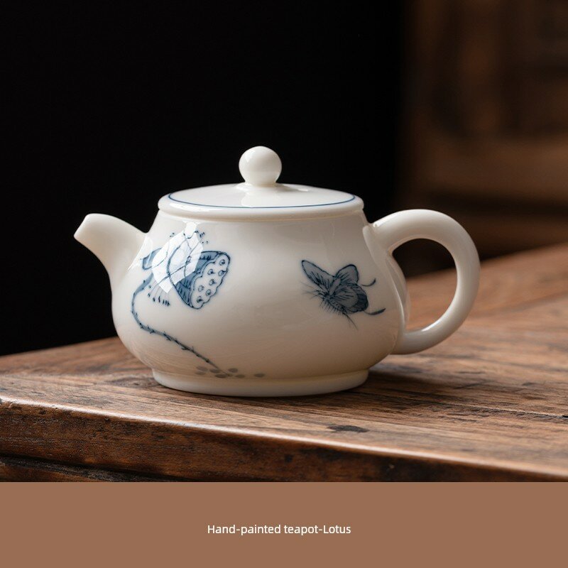 Ручная роспись: плоский чайник с лотосом, 190 мл, традиционная китайская керамика