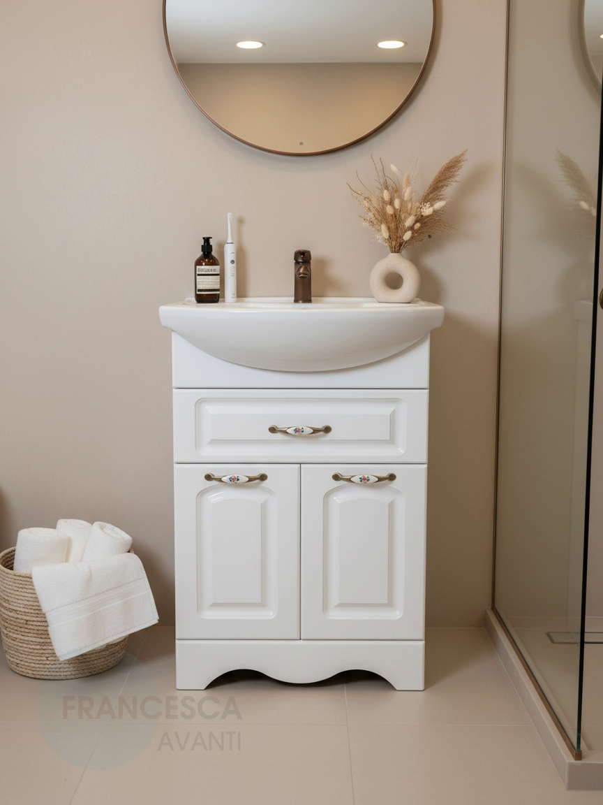 Тумба с раковиной для ванной Francesca Avanti Империя 55 с 1 ящиком белый, с подсветкой (2дв.+1ящ, ум. Уют 55)