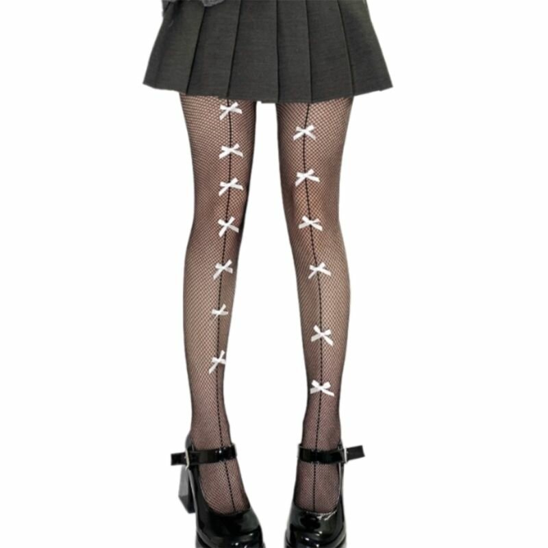 Колготки в сеточку с бантом "Лолита" -Черно-белые