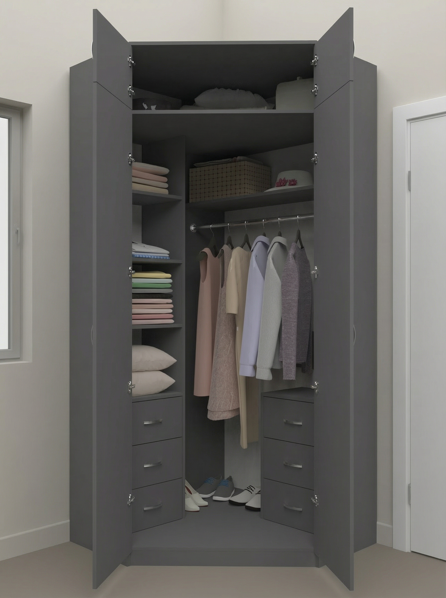 Шкаф угловой распашной Анри-14 с антресолью, 6 ящиками, 5 полками и штангой для вешалок, графит