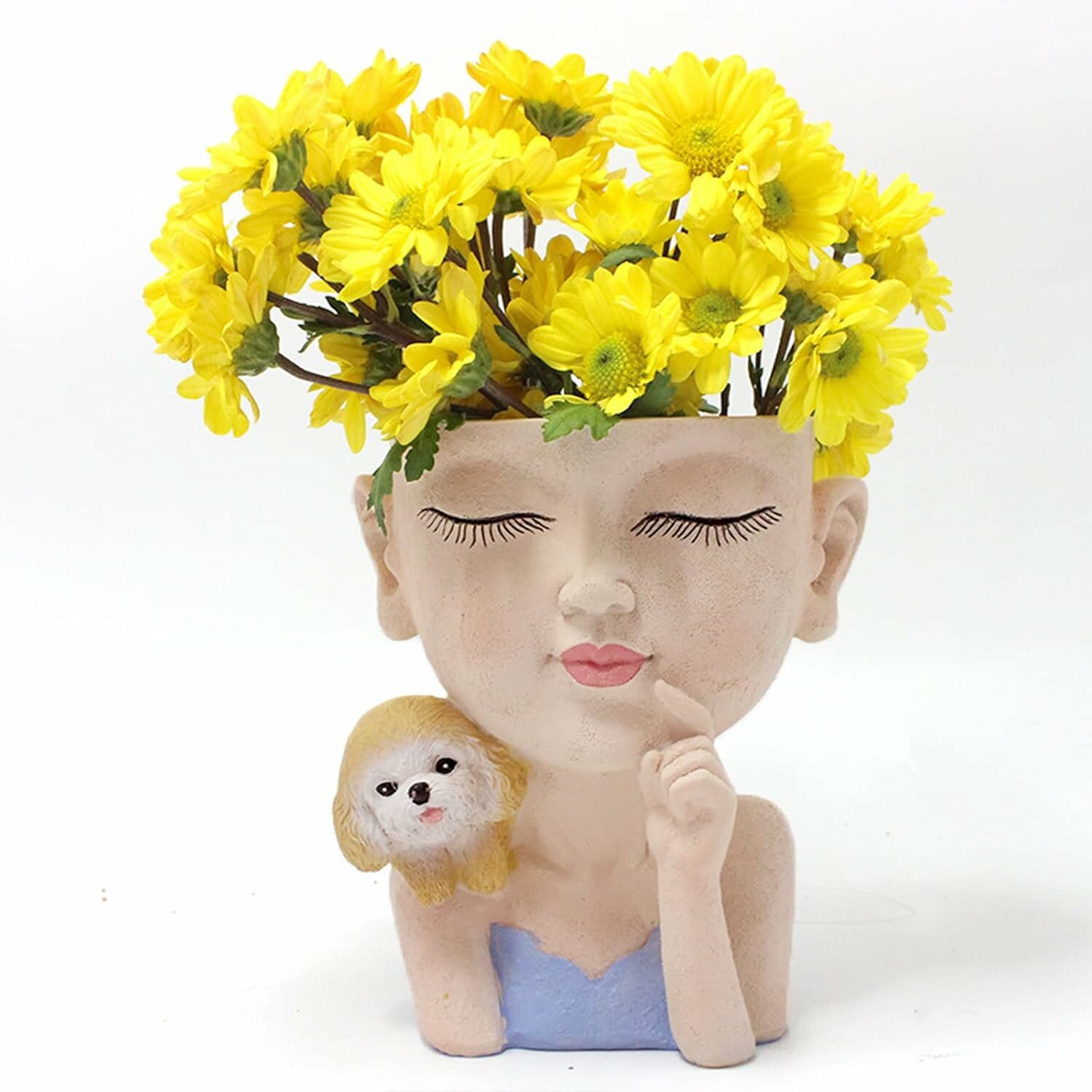 HAQI Кашпо «Лицо девушки с собачкой»: декоративный горшок для суккулентов и кактусов с дренажным отверстием, для дома и сада