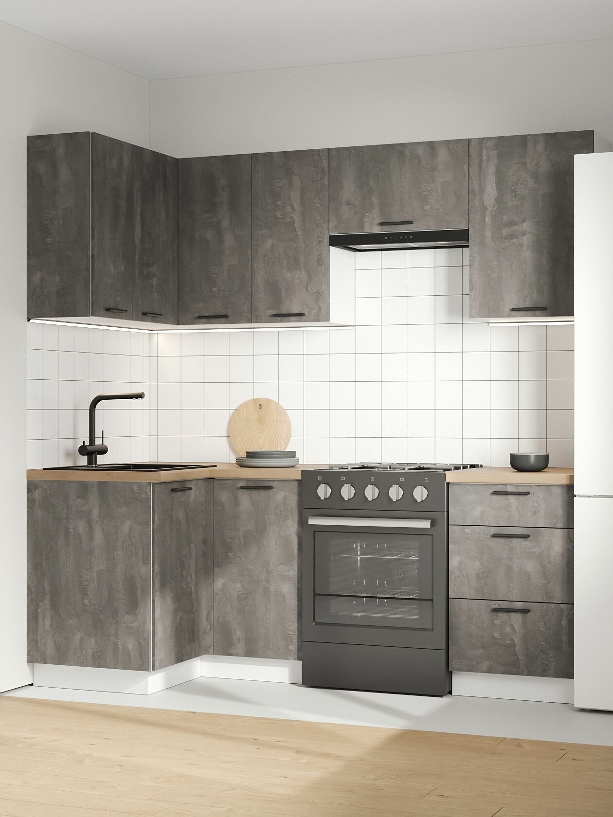 Кухонный гарнитур угловой Урбан 2.1х1 м, мебель для дома и кухни, Белый / Камень темный