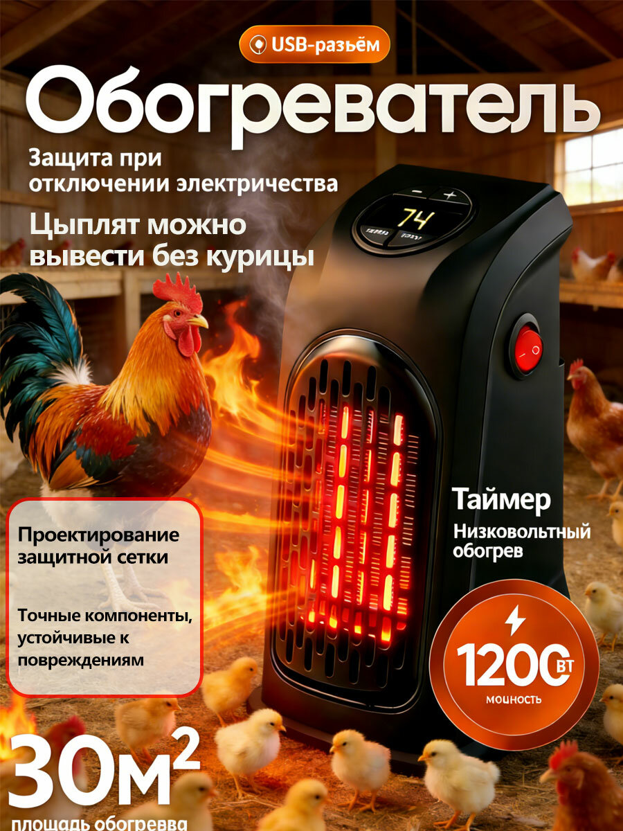 Лампа тепловентилятор Е27 светодиодная для обогрева кур, щенков, цыплят, свиней, курятника, брудера