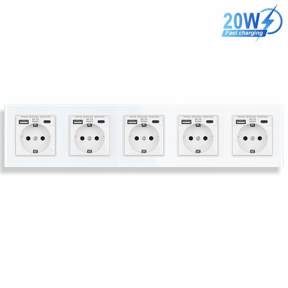 Розетка электрическая 5 постов с USB и type-C входами, быстрая зарядка 20W, рамка закаленное стекло Белая