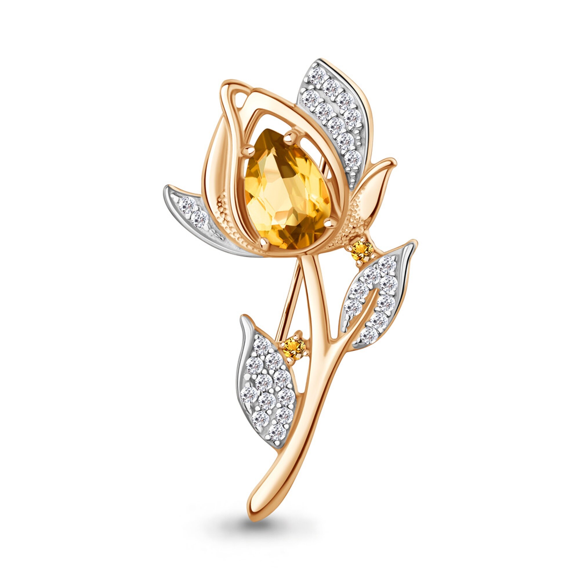 Брошь, серебро, 925 проба, золочение, фианит, цитрин