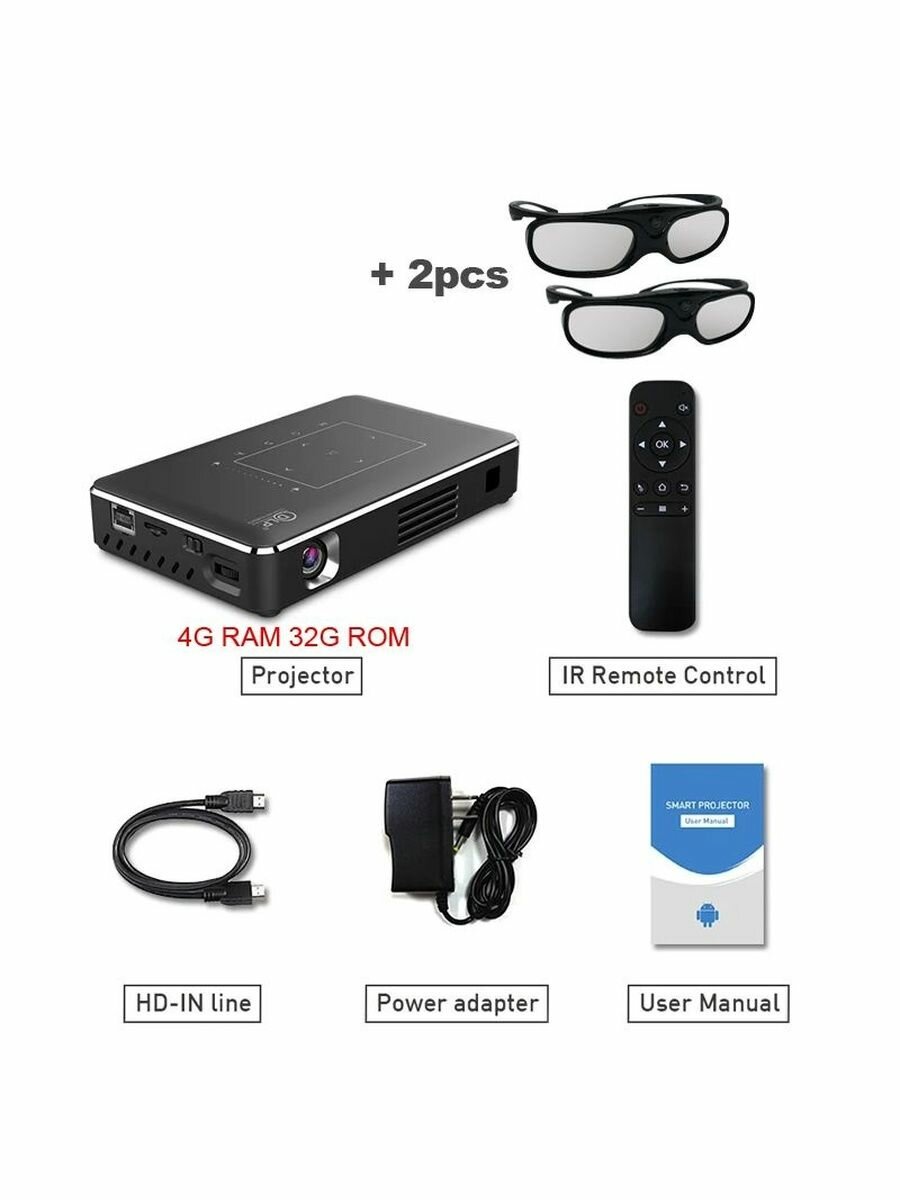P10-32 Android 9.0 3D 4k проектор, 4 г оперативной памяти 32 г ПЗУв комплекте 2 пары 3D-очков