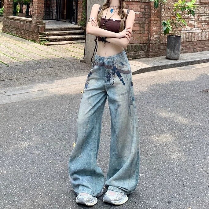 Тренд RONG CH Джинсы Парные Винтажные Страненные Синие Чистые Прямые Деним, Размер_XL