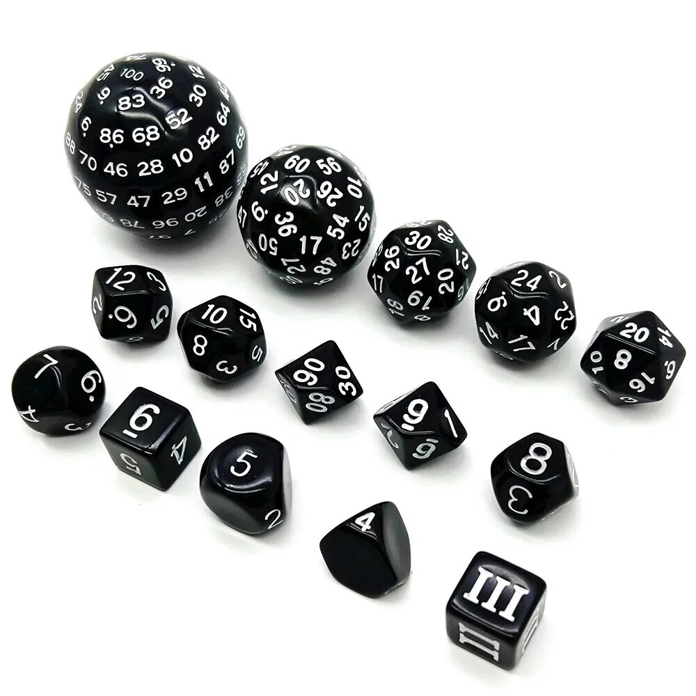 Набор черных полигональных костей D3-D100, 15 шт.