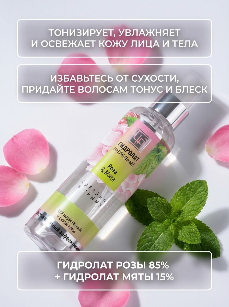 Гидролат натуральный Роза & Мята тонизирующий увлажняющий освежающий для кожи и волос, 200 мл
