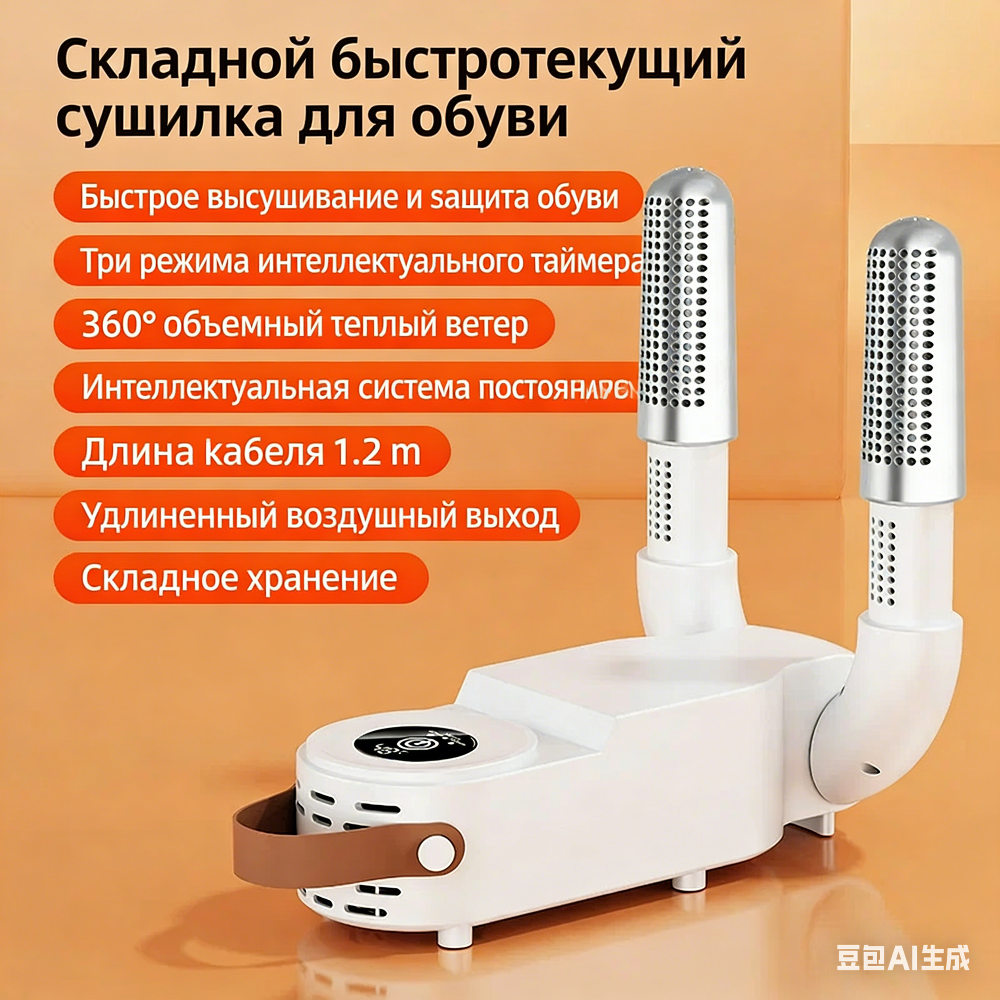 Складная сушилка для обуви, трехскоростной режим, циркуляция горячего воздуха, трехмерная подача воздуха на 360°, белый