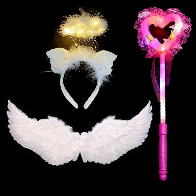 Костюм для девочек с перьевыми крыльями, светящийся вуаль, косплей, детский праздник, реквизит, волшебная палочка