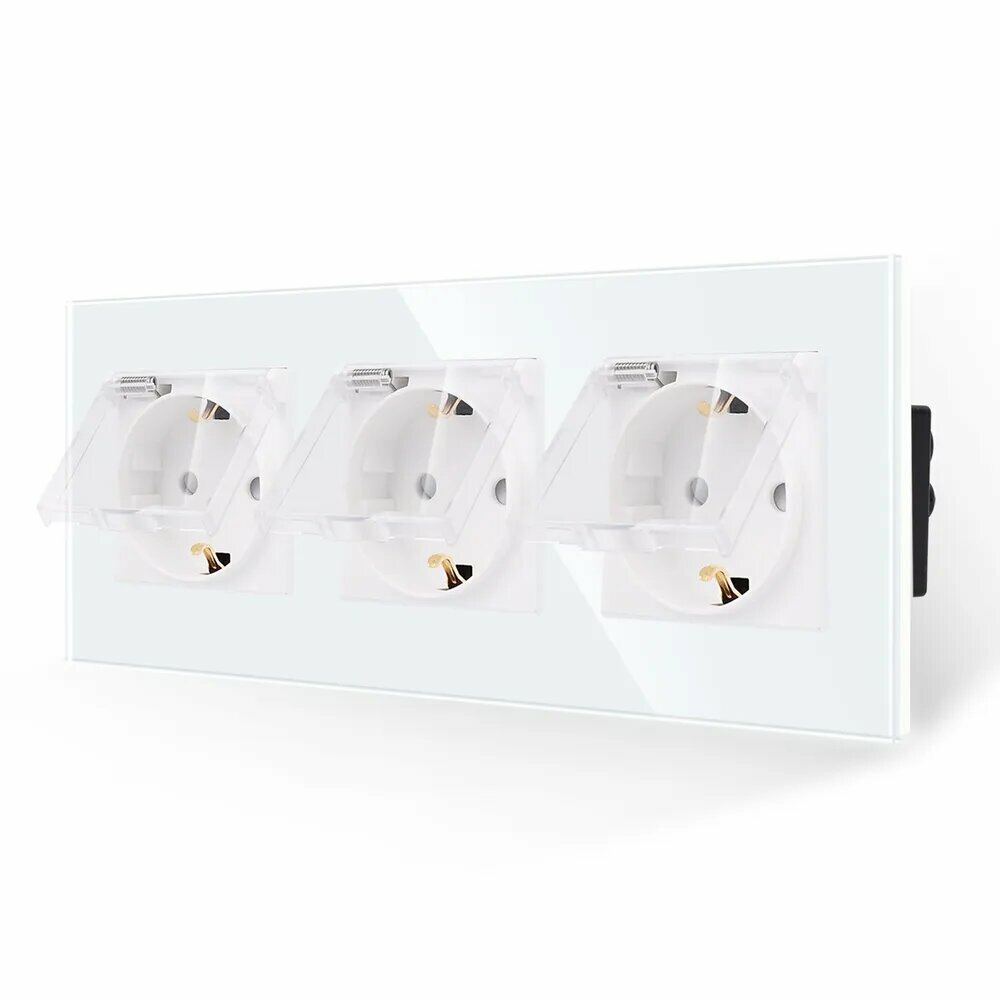 Розетка c водонепроницаемой крышкой 3 поста, Встраиваемая водонепроницаемая розетка на 16А стеклянна белый c землей