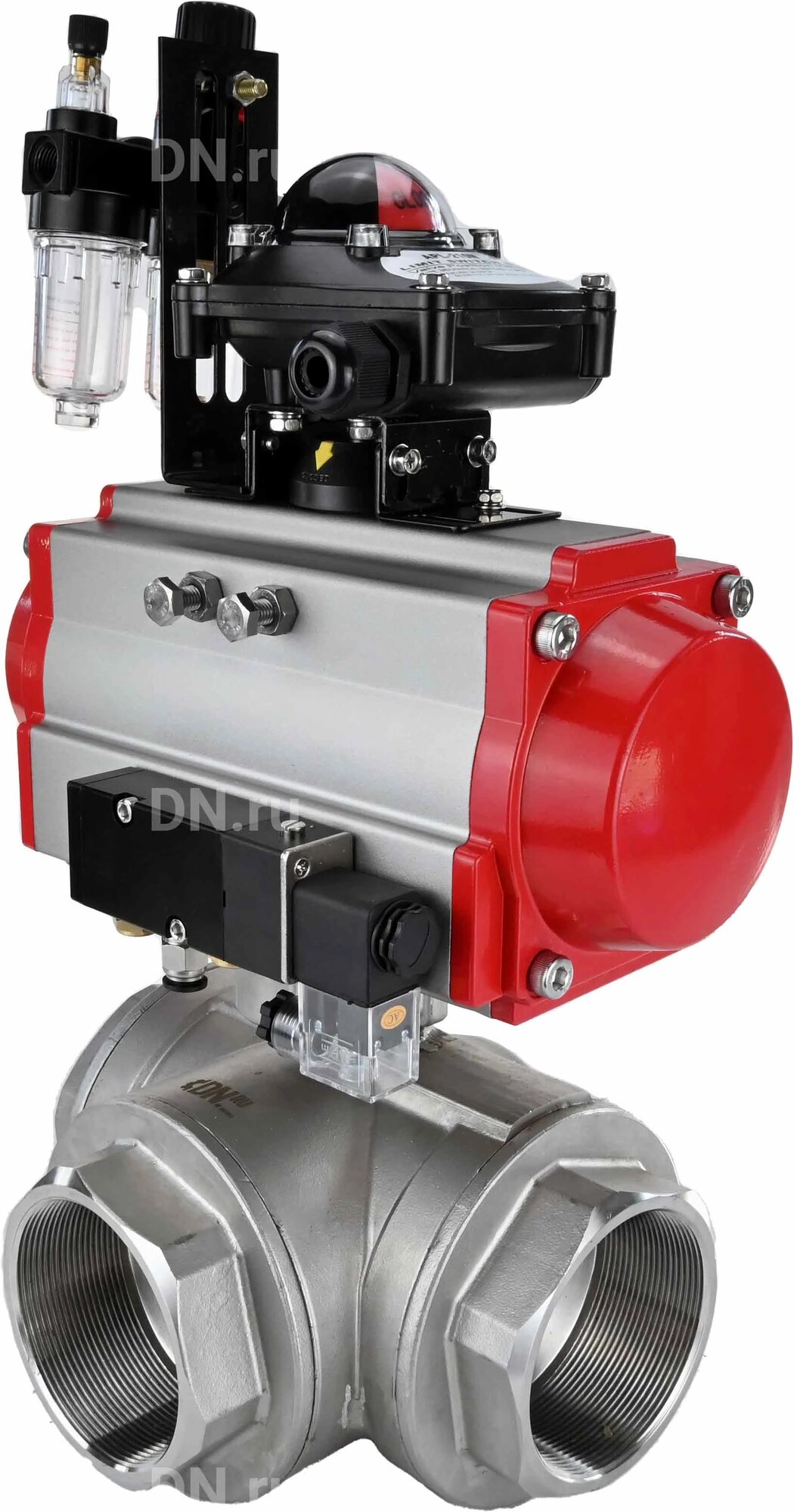 Кран шаровой DN.ru RP. SS316.200. MM.032-ISO Ду32 Ру63 ст. проходной 3-ходовой L-тип, нерж. сталь SS316, внутренняя резьба, PTFE, с ISO-фланцем пн. приводом DA-052, пн. распределит PND2-S1EM-52-1NC-J08-24VDC, БКВ LSB-210-02NM12-220/24, БПВ APU1-10-40-V08