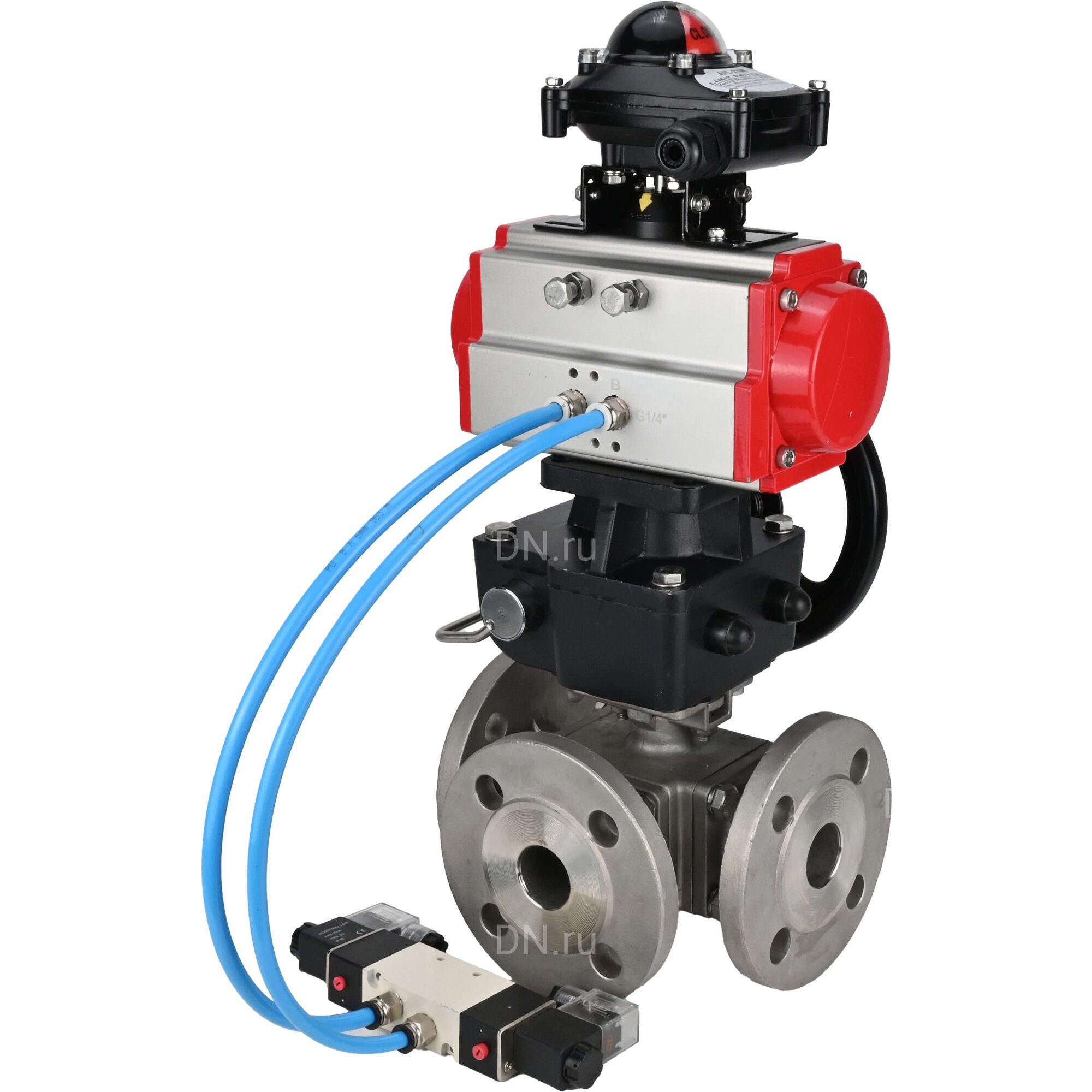 Кран шаровой DN.ru 316-316-PTFE Ду40 Ру16 полнопроходной, тип L, фланцевый, корпус нержавеющая сталь SS316, ISO-фланец F05/F07 квадрат 14х14, с пневмоприводом DA-065, пневмораспределителем PND1-S2EM T10-220VAC 220В, БКВ LSB-210 и ручным дублером HDM-1