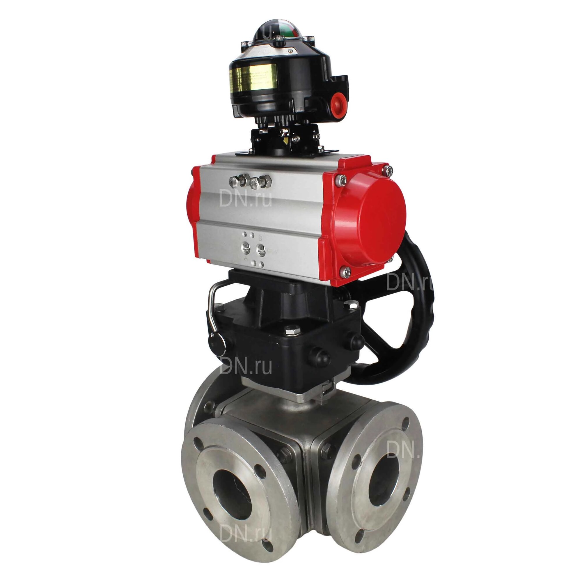 Кран шаровой DN.ru 316-316-PTFE Ду20 Ру16 полнопроходной, тип L, фланцевый, корпус - нержавеющая сталь SS316, ISO-фланец F04/F05 квадрат 11х11, с пневмоприводом DA-052 двойного действия, БКВ LSB-510-02ExM12-250 и ручным дублером HDM-1