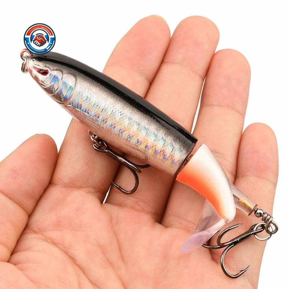 Поппер рыболовный с хвостовой лопастью, воблер пропбейт для спиннинга, поверхностная приманка с вибрацией и звуком, заглубление 0-0,5 м, крючки высокой остроты, реалистичная покраска